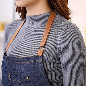WOWSEA Denim Aprons - Lightweight, Ultra-thin portable Apron for Work, Play, Cooking Multifunctional Aprons, Adjustable Shoulder Strap Lengths for Petite Ladies or Teenagers (Blue)