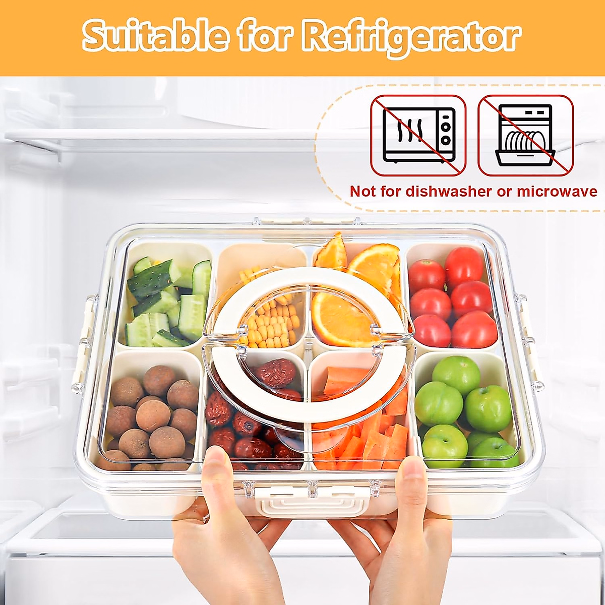 Snackle Box Container Divided Serving Tray with Lid and Handle, Portable Travel Snack Platters for Party, Candy Nuts Fruit Veggie Storage Containers for Fridge, Perfect for Party, Travel, Picnic