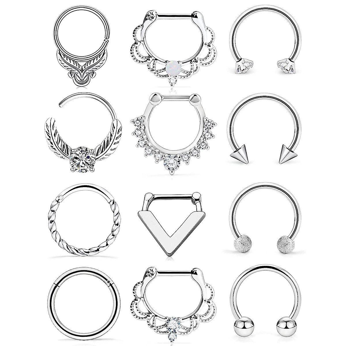 Ylqjksk 12PCS 16G Surgical Steel Piercing Jewelry for Women Men, Includes Septum, Helix, Daith, Rook, Tragus, Retainer, Silver Tone