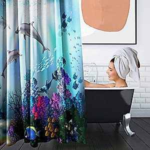 Britimes 4 Piece Shower Curtain Sets, Underwater World Dolphins Plants with Non-Slip Rugs, Toilet Lid Cover and Bath Mat, Durable and Waterproof, for Bathroom Decor Set, 72" x 72"
