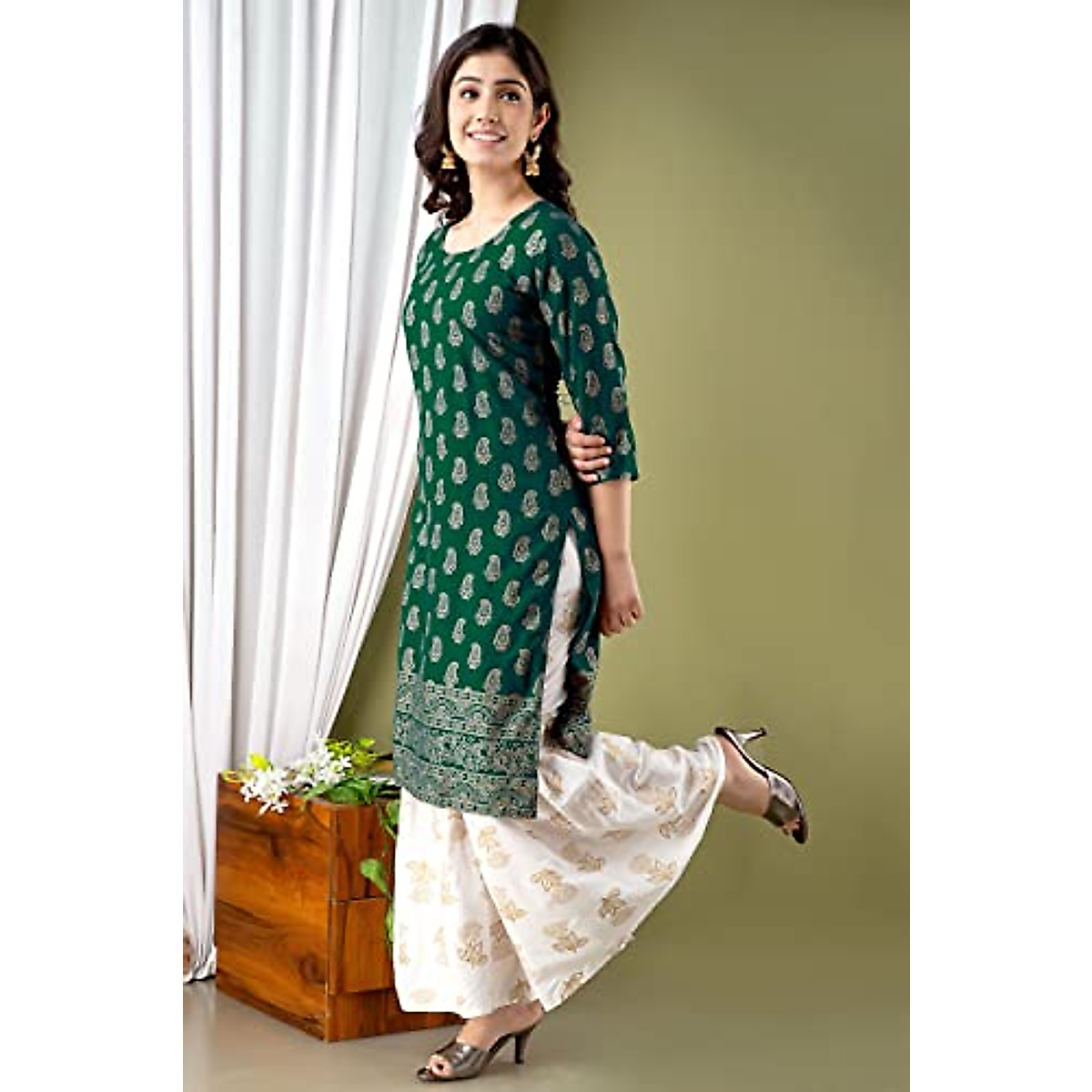 Chandrakala Women's Rayon Cotton Tunic Top 3/4th Sleeve Straight Kurti Kurta,X-Large,Bottle Green (K163BOT4)