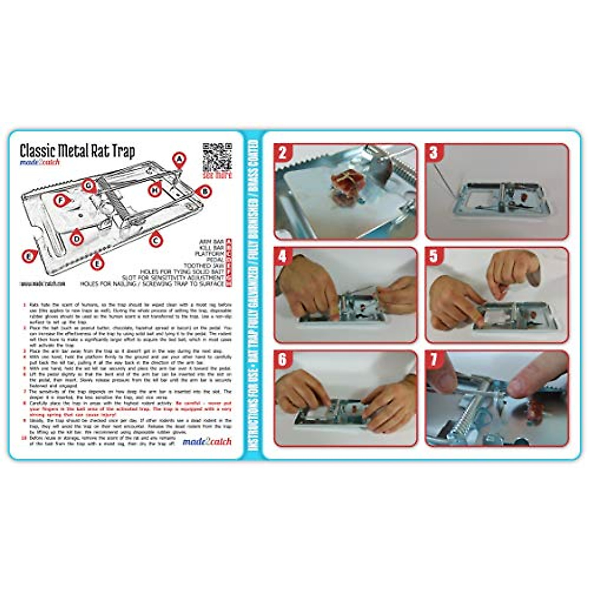 Pack of 6 made2catch Classic Metal Rat Traps Fully Galvanized - Rat Traps That Work - Strong and Humane Snap Rat Trap - Reusable Rat Trap - 6 Traps