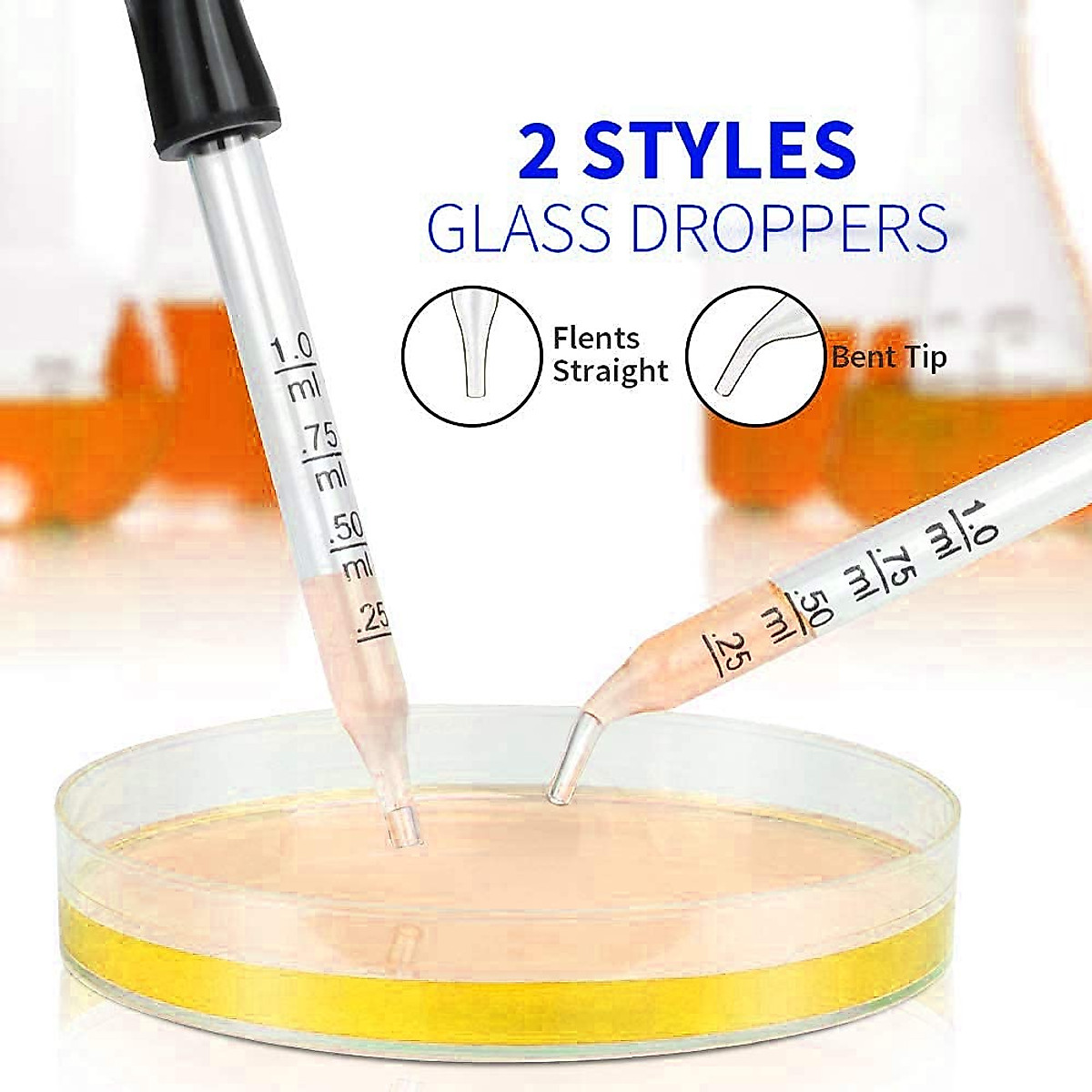 ToToT 10pcs Dropper 5 Straight Tip + 5 Bent Tip Measured Dropper 1ml Glass Pipette for Lab, Perfume, Essential Oil