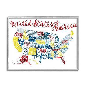 Stupell Industries United States of America Typography Map Primary Tones, Designed by Jace Grey Gray Framed Wall Art, 11 x 14, Blue