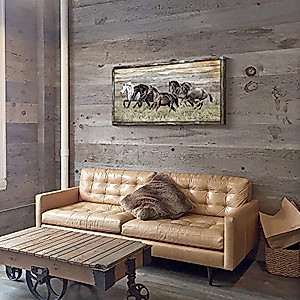 Wooden Horses Picture Wall Decor: Modern Running Wildlife Horse Animal Painting Print on Rustic Textured Wood Artwork Wall Art with Handcrafted Wooden Framed (40" x 20")