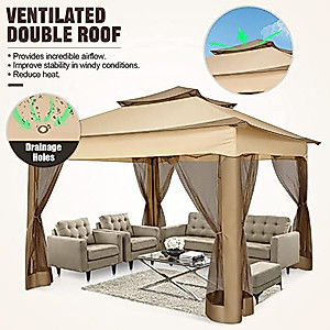 COBIZI Pop Up Gazebo Patio Gazebo Outdoor Gazebo with Mosquito Netting 11x11 Outdoor Canopy Shelter with Double Roof Ventiation 121 Square Feet of Shade for Lawn, Garden, Backyard and Deck, Khaki