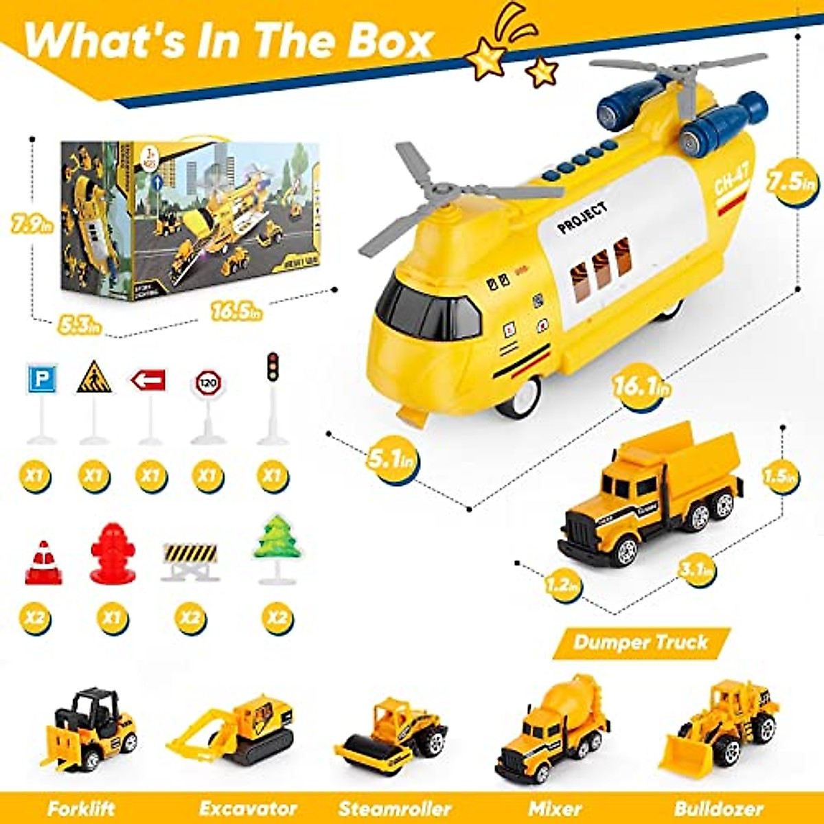 Airplane Toy with Construction Toy Cars Set, Transport Cargo Airplane with Lights and Sounds, 6 Mini Car Toys & 11 Road Signs, Toy Airplane Gifts for 3 4 5 6+ Years Old Kids Boys and Girls