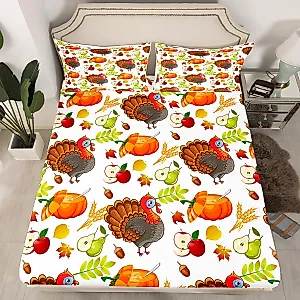 Erosebridal Thanksgiving Turkey Bed Sheets Set for Boys Girls Women Fall Decor Sheet Set Twin Size Rustic Farm Pumpkin Maple Leaf Fitted Sheet Autumn Harvest Flat Sheet Cute Wild Animal Turkey Sheets