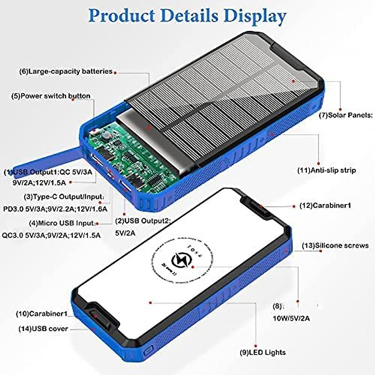ANYFONG Solar Power Bank, 30000mA PD20W QC3.0 USB C Fasting Charging Solar Charger 10W Wireless Portable Phone Charger Power Bank, Battery Charger with Camping Light