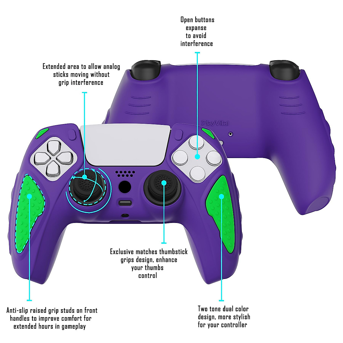 PlayVital Knight Edition Neon Genesis Purple & Green Two Tone Anti-Slip Silicone Cover Skin for ps5 Controller, Soft Rubber Case for ps5 Wireless Controller with Thumb Grip Caps