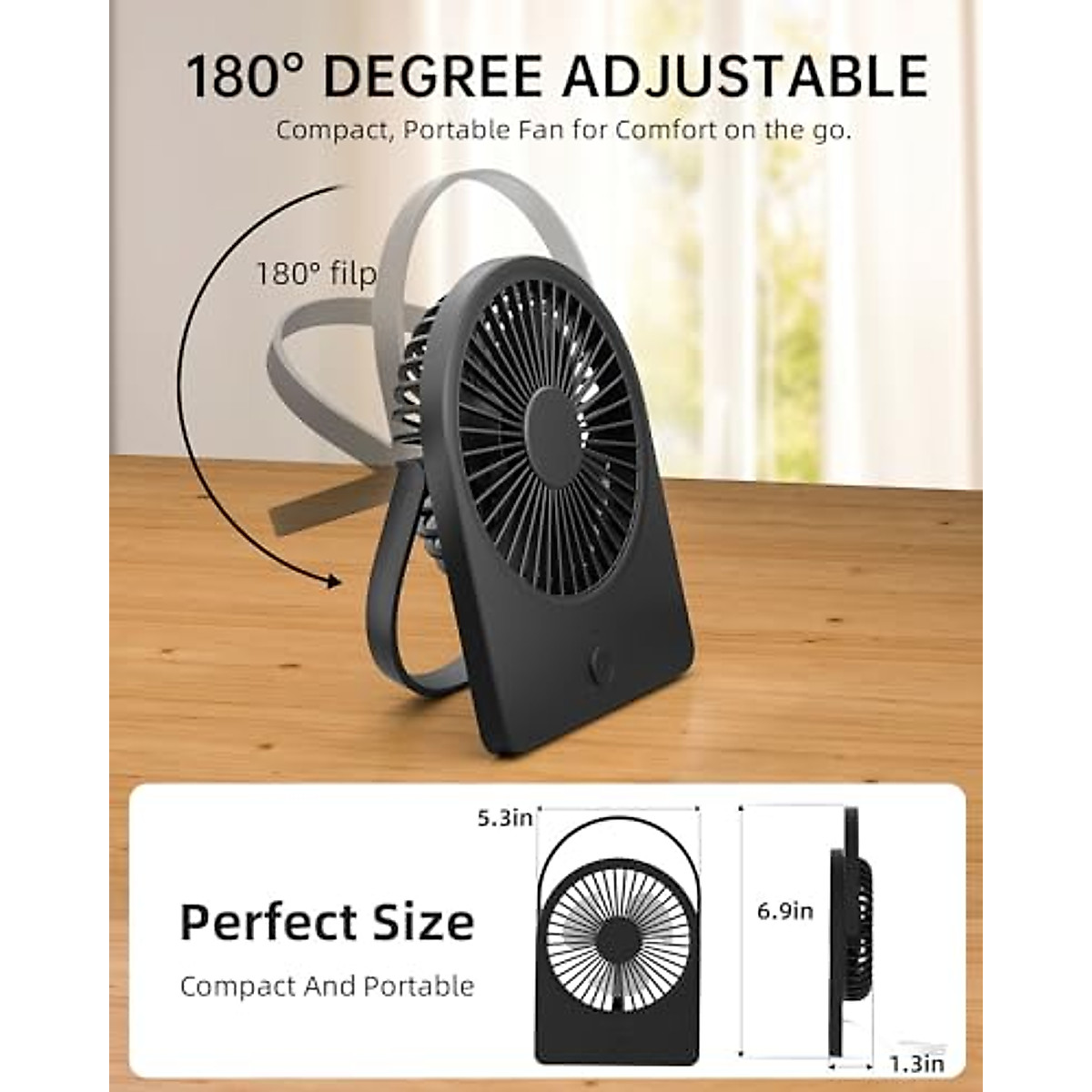 buywoo Portable USB Desk FAN, USB-A Corded Powered Small Personal Fan with 3-speed, Hangable Mini Foldable Desktop Fan with Strong Wind, Ultra Quiet for Home, Office, Desktop, Black
