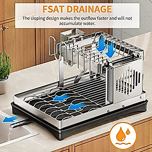 HERJOY 2 Tier Dish Drying Rack Foldable Dish Racks for Kitchen Counter with Utensil Holder - Large Dish Drying Rack with Drainboard - Rustproof Dish Drainers for Kitchen Counter Dish Organizer