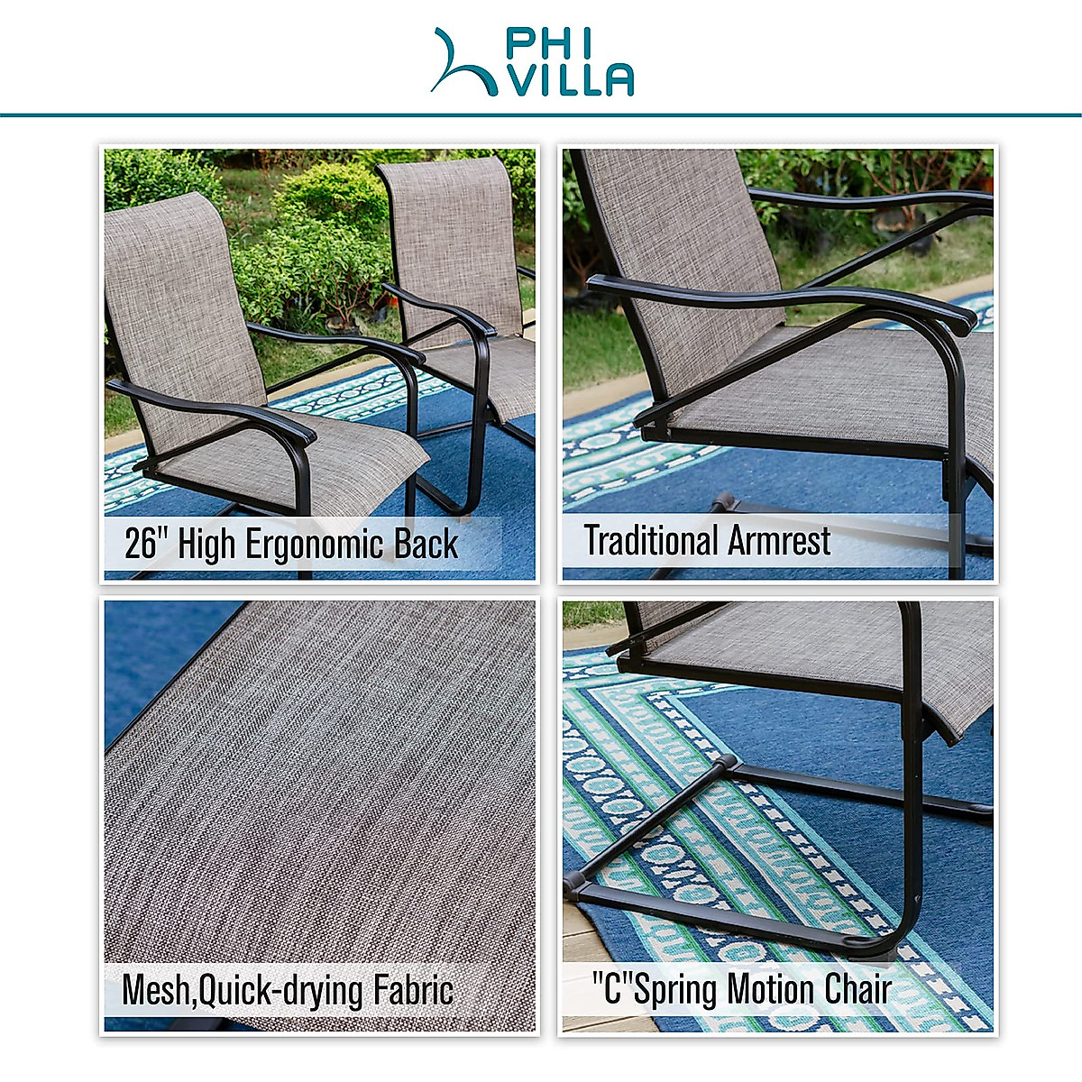 PHI VILLA 7 Piece Outdoor Dining Set with 13ft Double-Sided Large Umbrella for 6, Rectangle Metal Steel Dining Table & Textilene C-Spring Chairs Furniture Set for Patio (Beige)