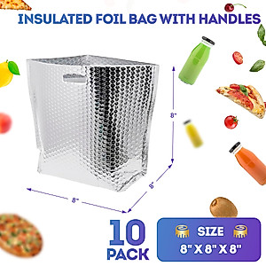 APQ Insulated Foil Bag with Handles, 8 x 8 x 8 Inches. 10 Pack Thermal Bags for Frozen Food. Metallized Foil Insulated Box Liners with Bubble Cushion. Insulated Shipping Bags for Food, Cosmetics