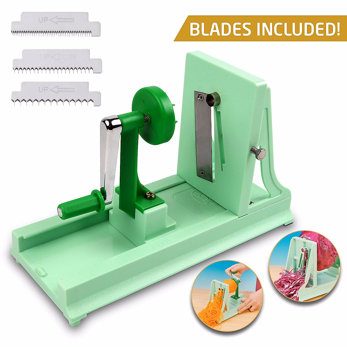 Vollum Japanese Turning Vegetable Spiralizer, Veggie Spiralizer For Fresh Zucchini, Squash, Butternut Squash with 1 Straight-Edged Blade and 3 Serrated Blades