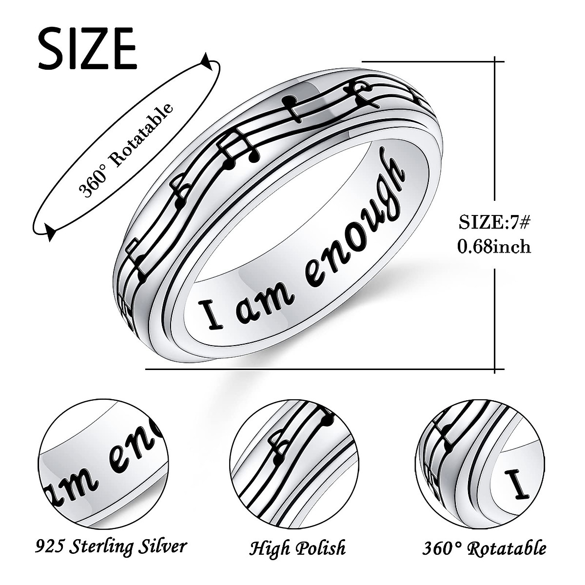 DAOSHANG Sterling Silver Fidget Ring Anxiety Ring for Women I am enough Music Note Spinner Ring Music Jewelry Gift for Music Lover