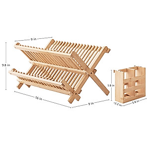 HBlife Dish Rack,Bamboo Folding 2-Tier Collapsible Drainer Dish Drying Rack with Utensils Flatware Holder Set (Dish Rack with Utensil Holder)