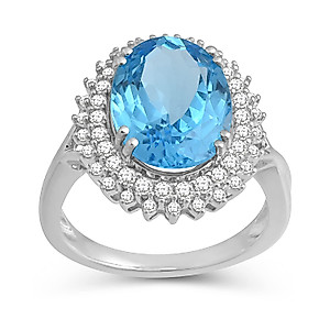 Jewelili Sterling Silver 14x10 MM Oval Swiss Blue Topaz and Round Created White Sapphire Solitaire Ring Size 7