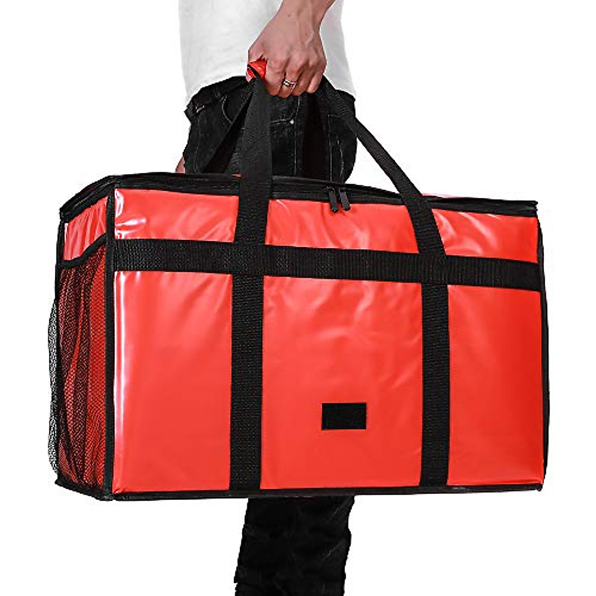 Insulated Pizza Carrier Bag for Food delivery -Foldable Heavy Duty Food Warmer Grocery Bag for Camping Catering Restaurants with Mesh Pockets
