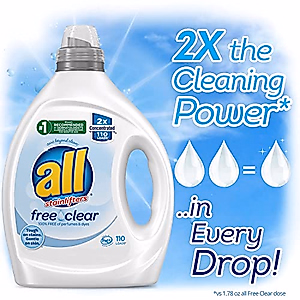 all Liquid Laundry Detergent, Free Clear for Sensitive Skin, Unscented and Hypoallergenic, 2X Concentrated, 110 Loads