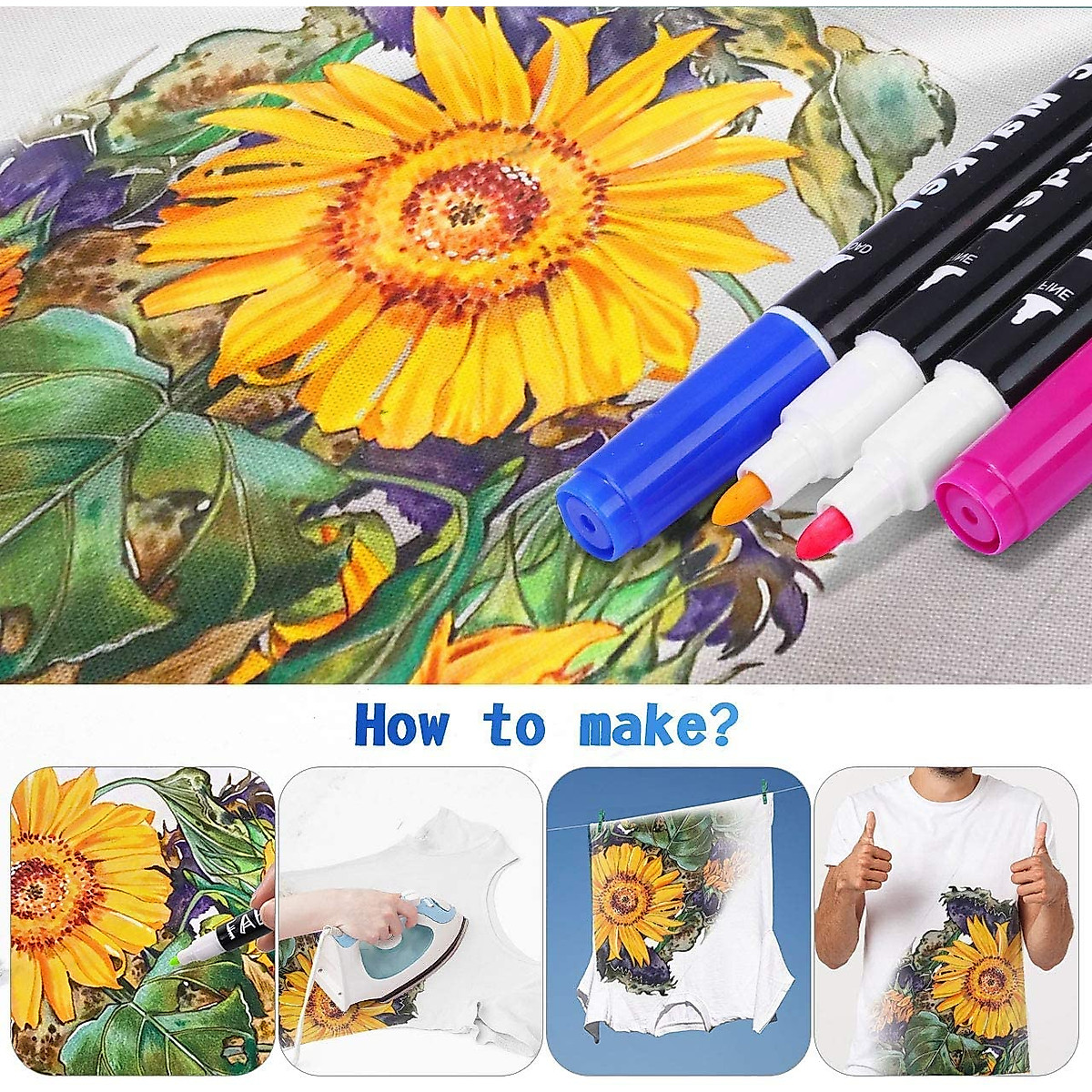 Emooqi Fabric Markers Pen, 24 Colors Fabric Paint Art Marker Set Double-Ended Fabric Markers with Chisel Point and Fine Point Tips, Child Safe & Non-Toxic