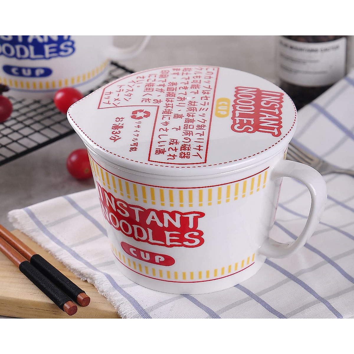 WHJY 27 oz Ceramic Modern Instant Noodles Bowl Cup Mug, Large Ramen Bowl with Handle & Lid, Ceramic Ramen Bowl, Soup Bowl, Instant Ramen Bowl, Ramen Bowls, Pasta Bowl - Red