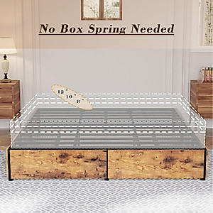 King Platform Bed Frame with 4 Storage Drawers, Sturdy and Stable, Noise-Free, No Box Spring Needed, Easy Assembly, Industrial Style, Brown