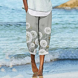 Kingspinner Womens Capri Graphics Pants Women's Linen Pants Flowers Print Women's Linen Cropped Pants