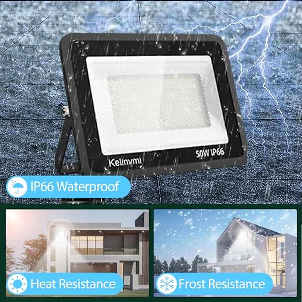 kelinvmi LED Flood Lights Outdoor 50W, Outdoor Security Light 5000lm High Brightness with Plug, 4200K Work Light with IP66 Outdoor Floodlights for Garage, Porch, Backyard, Playground