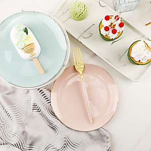 LIYH 48pcs Pink Plastic Plates with 48pcs Pink Dessert Forks,Gold and Pink Dessert Plates,Plastic Salad Plates,Pink Cake Plates with Forks for Parties,Birtday,Bridal Shower