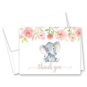50 Pink Watercolor Floral Elephant Baby Shower Thank You Cards + Envelopes