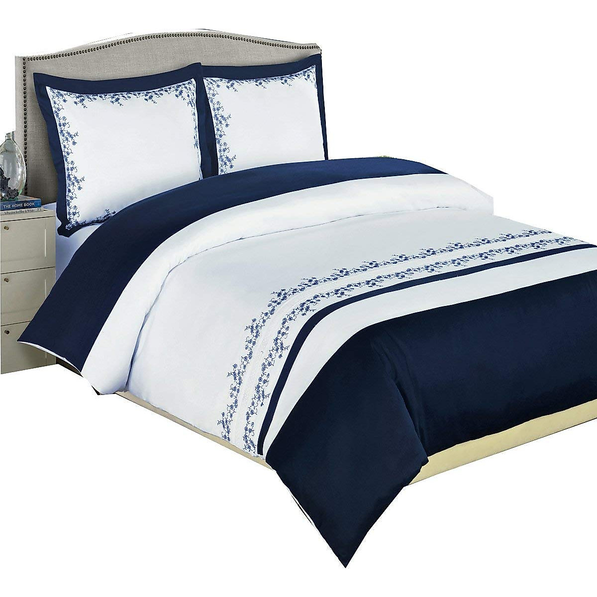Royal Bedding Navy and White Amalia 3-Piece King/Cal-King Embriodered Comforter Cover (Duvet-Cover-Set) 100% Cotton 300 TC