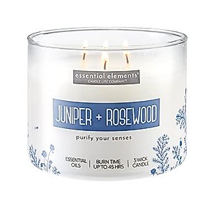 Essential Elements by Candle-lite Scented Candles, Juniper and Rosewood Fragrance, One 14.75 oz. Three-Wick Aromatherapy Candle with 45 Hours of Burn Time, Off-White Color