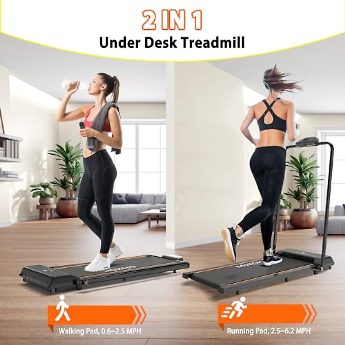 HOWHAI Treadmill, Walking Pad Treadmills for Home with 2.5HP, Speed 6.2-7.6MPH Walking Pad with Handle Bar, Foldable Treadmill, Remote Control and LED Display, Space-Saving for Home Office(Orange)