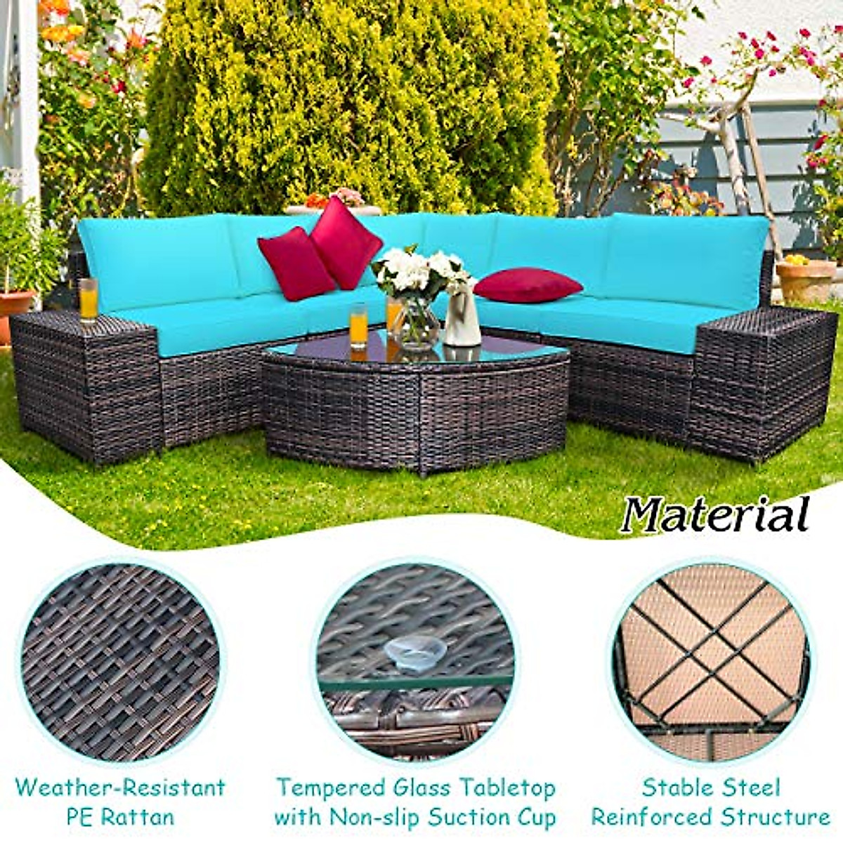 Tangkula 6 Piece Wicker Patio Furniture Set, Outdoor All Weather PE Rattan Conversation Set w/Tempered Glass Coffee Table, Sectional Sofa Set w/Comfortable Cushions for Backyard, Garden (Turquoise)
