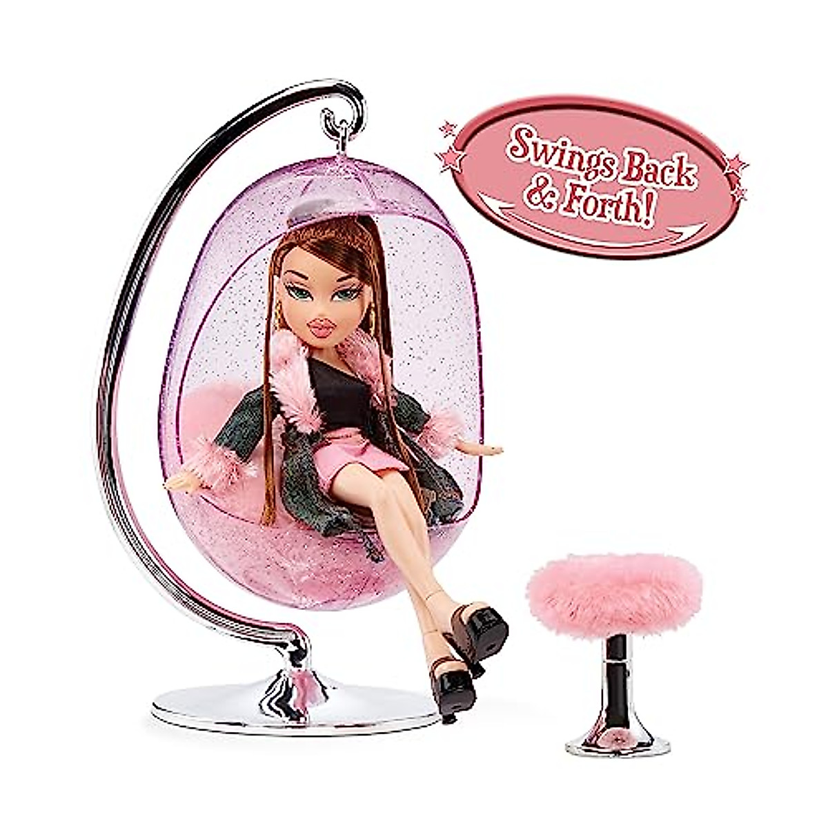 Bratz Funky Fashion Furniture Retro-Swing Chair Playset & Display with Footrest, Swings Back & Forth, Fits Dolls Up to 12" Tall, Y2K Nostalgia, Collectors Ages 6 7 8 9 10+