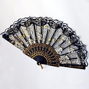 RAZZUM Decorative Folding Fans 1pcs Chinese Style Folding Fan Lace Hand Held Rose Flower Folding Fan Dance Party Wedding Decor Ventilador plegable Christmas fan (Color : Yellow)