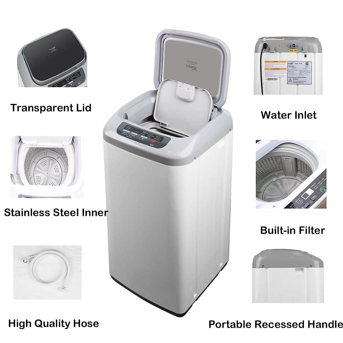 Frestec Portable Washing Machine, 0.84 Cu.Ft. Full-Automatic Small Washer, 2 in 1 Compact Laundry Washer, 8 Wash Cycles 3 Water Level Selections, Perfect for Apartment, Home, Dorm