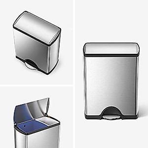 simplehuman Rectangular Dual Compartment Recycling Kitchen Step Trash Can, 46 Liter, Brushed Stainless Steel & Code V Custom Fit Drawstring Trash Bags, 16-18 Liter / 4.2-4.8 Gallon, White, 60 Count