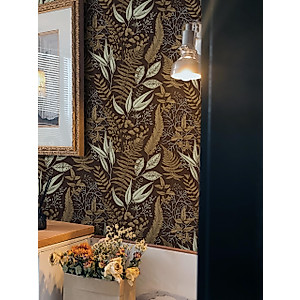 Ismoon Leaf Peel and Stick Wallpaper Dark Wallpaper Fern Botanical Wallpaper Black/Brown Contact Paper Removable Wallpaper Peel and Stick Self Adhesive Wall Paper Vinyl Shelves Wallpaper 16.1x118in