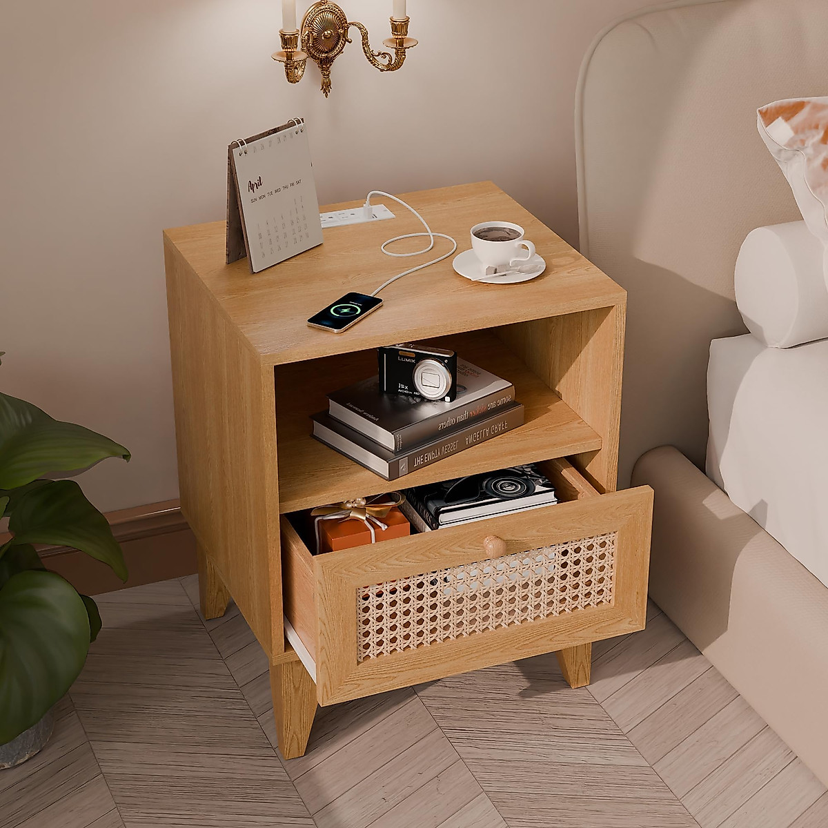 Betterhood Rattan Nightstand Set of 2, Boho Bedside Table with Drawer and Charging Station, Wooden Side Table for Bedroom, Dorm and Small Space, Natural