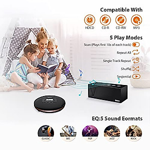 CD Player Portable with Bluetooth, Rechargeable Portable CD Player for Car and Home, Walkman CD Player with Headphones and AUX Cable for Travel, Discman CD Player with Anti-Skip Shockproof, Black