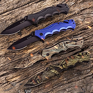 Pro Iron Assisted Opening Serrated Edge Outdoor Survival Camping Hunting Knife Stainless Steel Protective Black Oxide Coating Built-in Seat Belt Cutter and Carry Pocket Clip (Nature Camo)