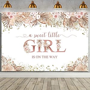 AIBIIN Boho Baby Shower Backdrop Pink Pampas Grass Baby Girl Shower Decoration Backdrop Banner Boho A Sweet Baby Girl is On The Way Backdrop Background for Cake Table Supplies Vinyl 7x5ft