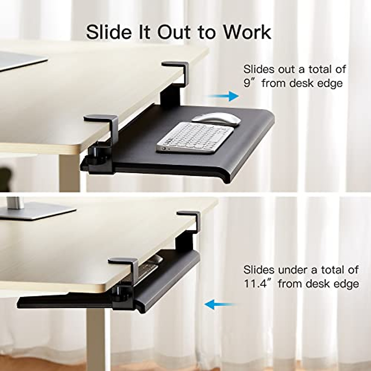 HUANUO Keyboard Tray Under Desk with C Clamp-Large Size, Steady Slide Keyboard Stand, No Screw into Desk, Perfect for Home or Office