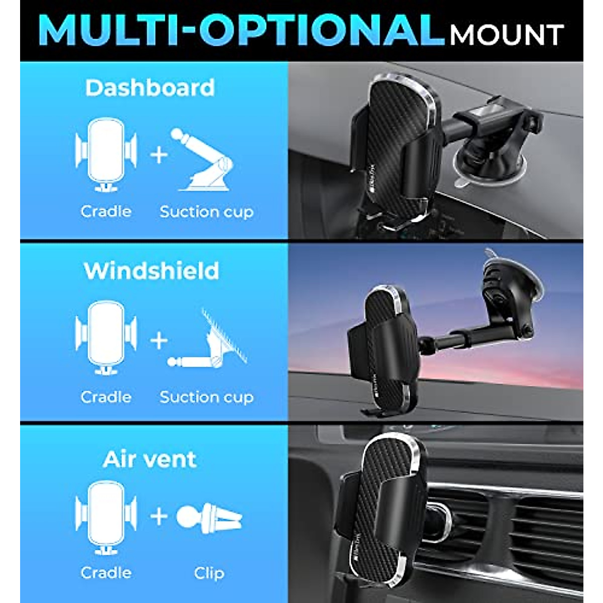 Bestrix Phone Mount for Car – Car Phone Holder Mount, Dashboard, Windshield, and Air Vent– for All Cars, Installs in Minutes – Holds All Phones up to 6.7”– Phone Holder for Car Dashboard