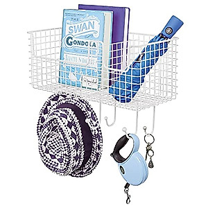 mDesign Metal Wire Farmhouse Wall Decor Storage Organizer Divided Basket with 6 Hooks for Entryway, Hallway, Mudroom, Bedroom, Bathroom, Laundry Room - Wall Mount - White
