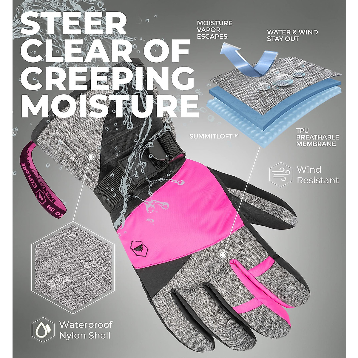 Tough Outdoors Women's Ski Gloves - Womens Snow Gloves - Winter Waterproof Snow Gloves - Adult Snow Gloves - Ladies Snowboarding Gloves