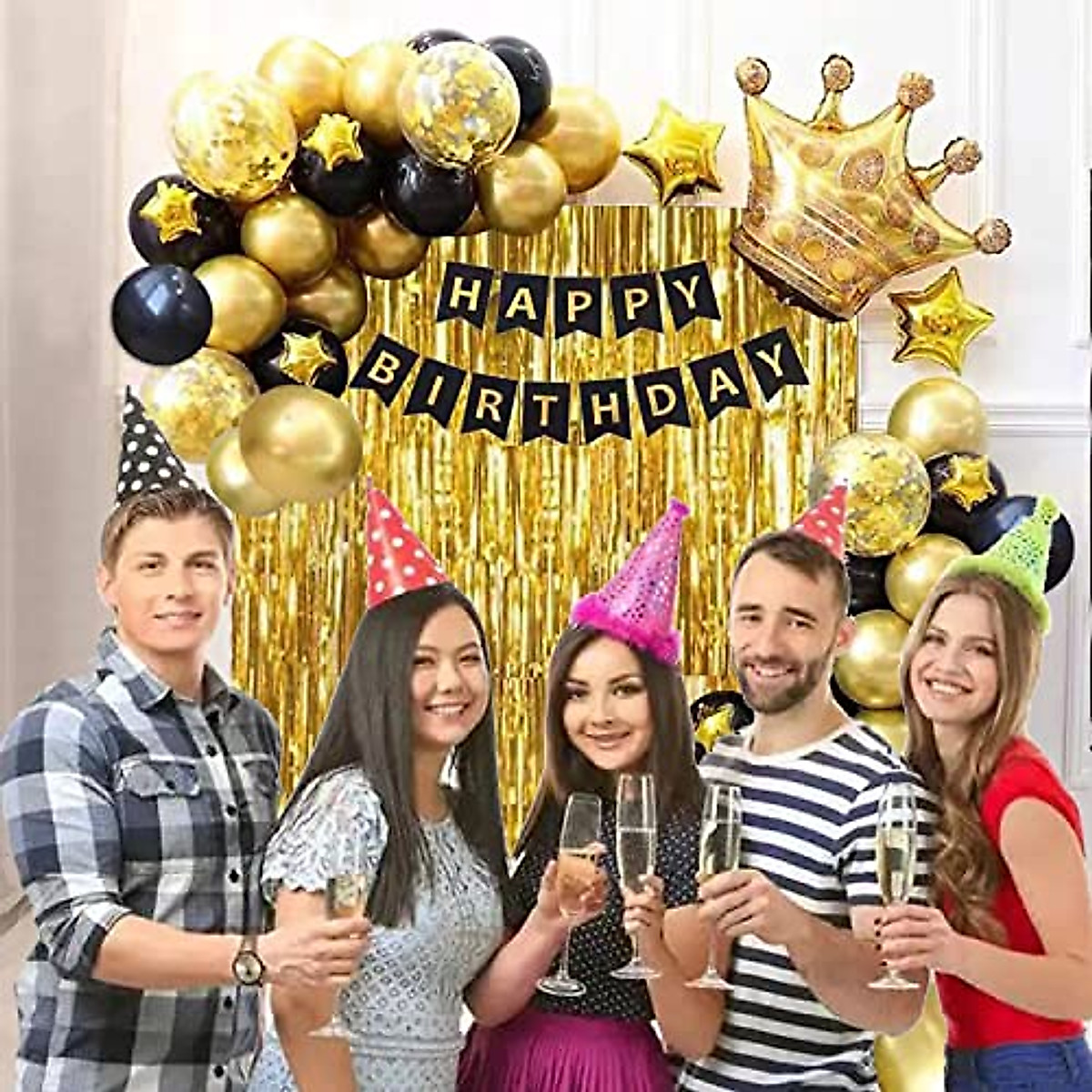 Black Gold Birthday Party Decoration Set, Including Happy Birthday Banner, Balloons, Metallic Fringe Curtain, Flower Pompoms, Golden Crown, Suit Perfect For Girls or Boys, Men or Women Birthday Party