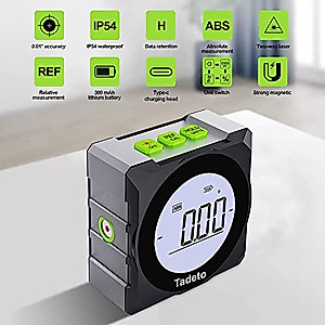Digital Angle Finder, Tadeto Digital Level Inclinometer Protractor Laser Level 3 in 1 Magnetic IP54 Waterproof Angle Gauge with Large LCD Screen Backlight Type-C Fast Charging